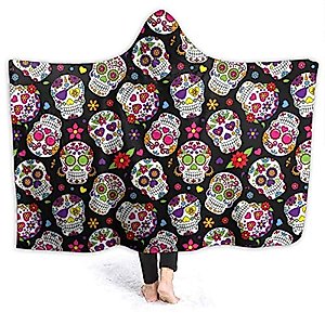 JASMODER Sugar Skull Hoodie Blanket Wearable Throw Blankets for Couch Blanket Hooded for Baby Kids Men Women