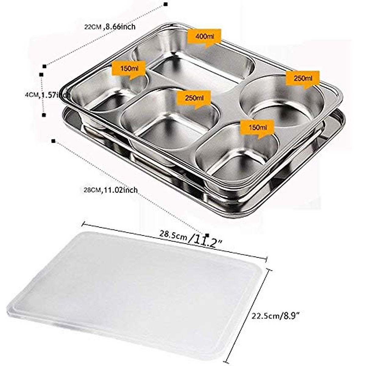 AIYoo 304 Stainless Steel Divided Plates with Lid for Adults Divided Dinner Tray 5 sections Bento Lunch Box Divided Food Containers