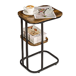 Allinside C Shaped End Table Round Corner, 2-Tier Side Table with Storage Shelf Large TV Snack Tray Ideal for Couch, Sofa Slide Under, Bedside, Small Spaces, Rustic Vintage Style (Brown)
