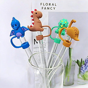 4 Pack Dinosaur Straw Cover Cap for Stanley Cup 30&40 Oz Tumblers, 0.4in/10mm Silicone Straw Topper Protector Lid with Cute Dinosaurs Kids Cup Accessories