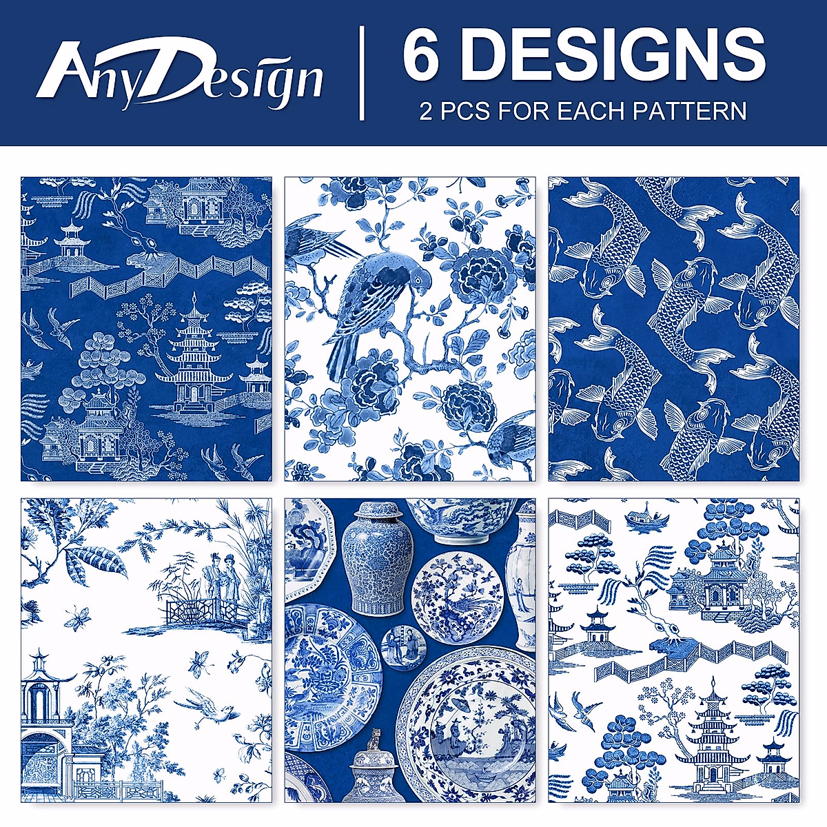 AnyDesign 12 Sheet Blue White Chinoiserie Pattern Wrapping Paper China Elements Gift Wrap Paper Bulk Oriental Art Paper for Birthday Daily Wedding Gift Packing Supplies, Folded Flat, 19.7 x 27.6 Inch