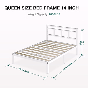 Novilla 14 Inch Queen Bed Frame with Headboard, No Box Spring Needed, Metal Platform Bed Frame Queen Size, Heavy Duty, Under Bed Storage, Easy Assembly, White