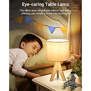 DEWENWILS Mid Century Bedside Lamp, Small Tripod Table Lamp with Linen Fabric Shade, Wood Nightstand Lamp for Nursery, Living Room, Bedroom, End Table, UL Listed, 14.2 Inch, ON/Off Switch