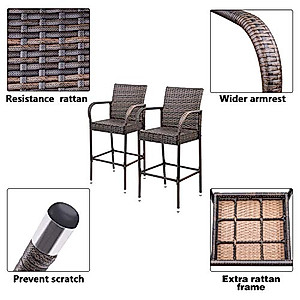Homall Patio Bar Stools Wicker Barstools Indoor Outdoor Bar Stool Patio Furniture with Footrest and Armrest for Garden Pool Lawn Backyard Set of 2 (Brown)