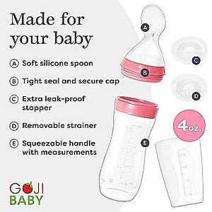 Goji Baby - 4 oz Silicone Baby Food Dispensing Spoon - 2 Pack - Great for 4+ Month Infants - Includes Stopper - Easy to Use and Mess-Free - Precise Food-Release Feeder - Great for Travel (Pink)