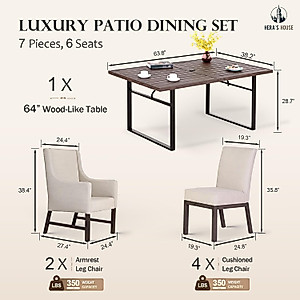 HERA'S HOUSE 7-Piece Outdoor Dining Set, Patio Dining Furniture Set for 6, 64" Rectangular Faux Woodgrain Metal Table with 6 Cushioned Patio Chairs, Patio Table and Chairs for Garden Lawn Backyard
