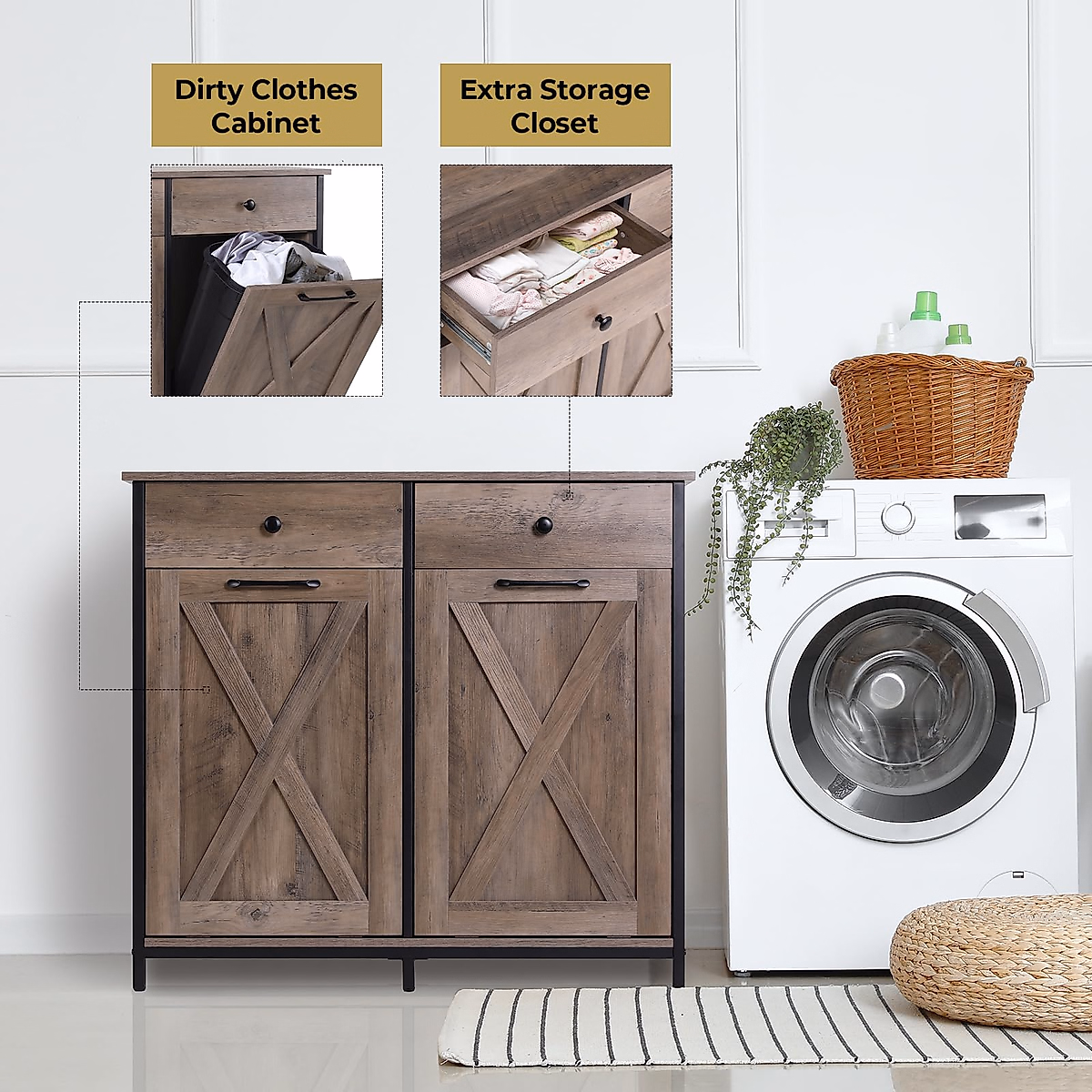 Arlopu Double Tilt Out Trash Cabinet, 20 Gallon Pet Proof Kitchen Pull Out Recycle Cabinet, Freestanding Wooden Laundry Sorter Cabinet, W/Drawer, Barn Door, for Home, Living Room, (Greige)