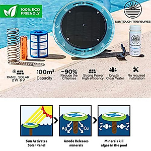SUNTOUCH TREASURES Solar Pool Ionizer - Floating Water Cleaner and Purifier Keeps Water Clear, Kill Algae in Pool, 85% Less Chlorine, Compatible with Fresh and Salt Water Pools & Spas