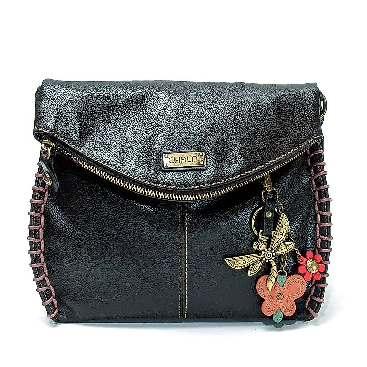 CHALA Charming Crossbody Bag Shoulder Handbag With Flap Top and Zipper (Black_ Dragonfly 3)