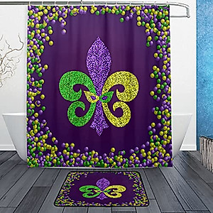 xigua Mardi Gras Bath Curtain Rugs Sets 2 Pcs,Mardi Gras Lily and Shimmer Beads Bathroom Theme Set with Shower Curtain and Non-Slip Carpet -12 Hooks-60X72in
