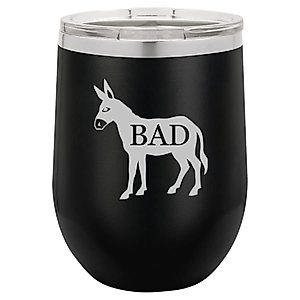 12 oz Double Wall Vacuum Insulated Stainless Steel Stemless Wine Tumbler Glass Coffee Travel Mug With Lid Bad Ass Donkey Funny (Black)