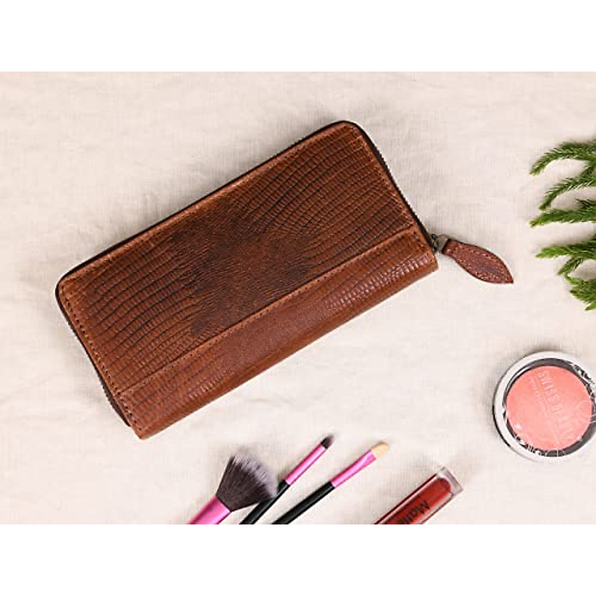 Aaron Leather Goods Women's RFID Blocking Large Capacity Leather Wallet Zip Around Phone Clutch Large Travel Purse Wristlet (Walnut)
