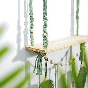 Macrakido - Macrame Wall Hanging 2-Tier Shelf, Boho Floating Wooden Shelves with Green Woven Rope and Leaf Decor,Plant Display for Bedroom, Dorm, Nursery, Living Room, and Bathroom Wall Decor