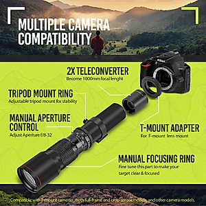 Big Mike’s High-Power 500mm/1000mm f/8 Manual Telephoto Lens for Nikon DSLR, Black