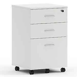 Maxtown 3 Drawer File Cabinet, Wood Filing Cabinet for Home Office, File Cabinet Office Drawer with Lock, Rolling Filing Cabinet for A4/Letter Size, White