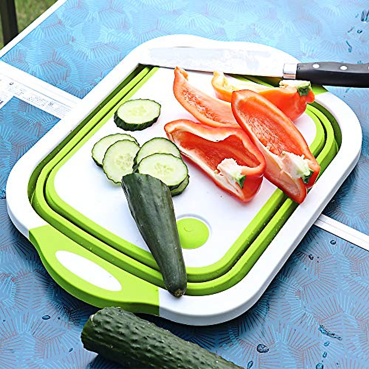 QiMH Collapsible Cutting Board - Portable Washing Veggies Fruits Food Grade Camping Sink (8.5Quart) with Draining Plug - Foldable Multi-function Kitchen Plastic Silicone Basin(Knife Included)
