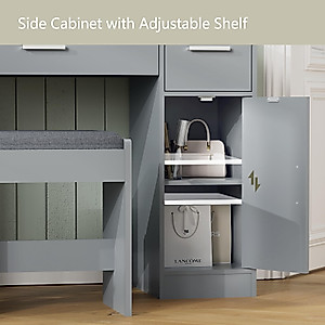 usikey Makeup Vanity with Lights, Vanity Desk, Makeup Vanity Table with 3 Drawers, 2 Cabinets & Long Storage Shelf, 10 Led Lights, Dressing Vanity Table with Stool, for Women, Girls, Bedroom, Grey