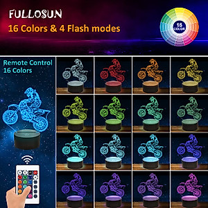 FULLOSUN Dirt Bike Gifts, Motocross 3D Night Light for Kids for Xmas Holiday Birthday Gifts for Kids Motorcycle Fan with Remote Control 16 Colors Changing + 4 Changing Mode + Dim Function
