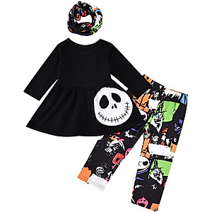 HINTINA 3PCS 4T Toddler Little Girls Halloween Outfits Skull Tops Ghost Leggings Pants Clothes Set with Scarf 4-5T Years
