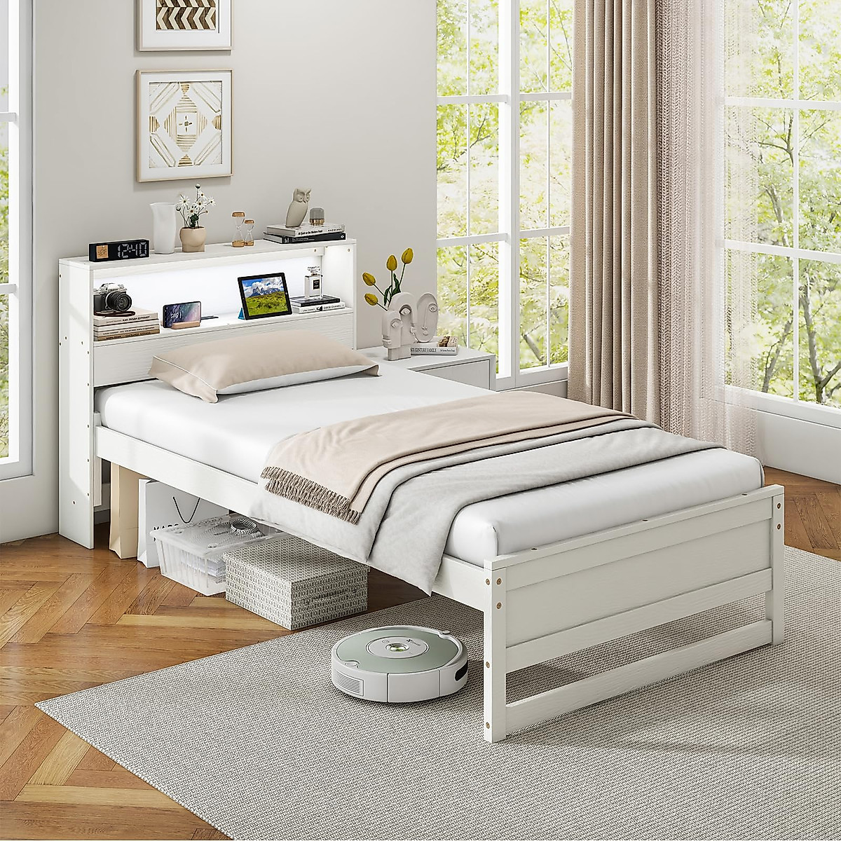 Giantex Twin Bed Frames with Storage Headboard, Wood Platform Bed with Charging Station & LED Light, Single Bed with Slats Support, Under-Bed Space, Twin Bed Frames for Kids Girls Boys (White)