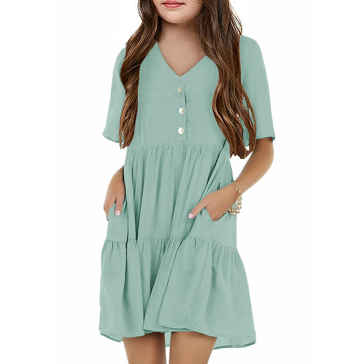 Tymidy Girls Casual Dress A-Line Midi Dress Button Down V Neck Short Sleeve Ruffle Flowy Swing Mixi Dresses for 4-15 Years Lake Green…