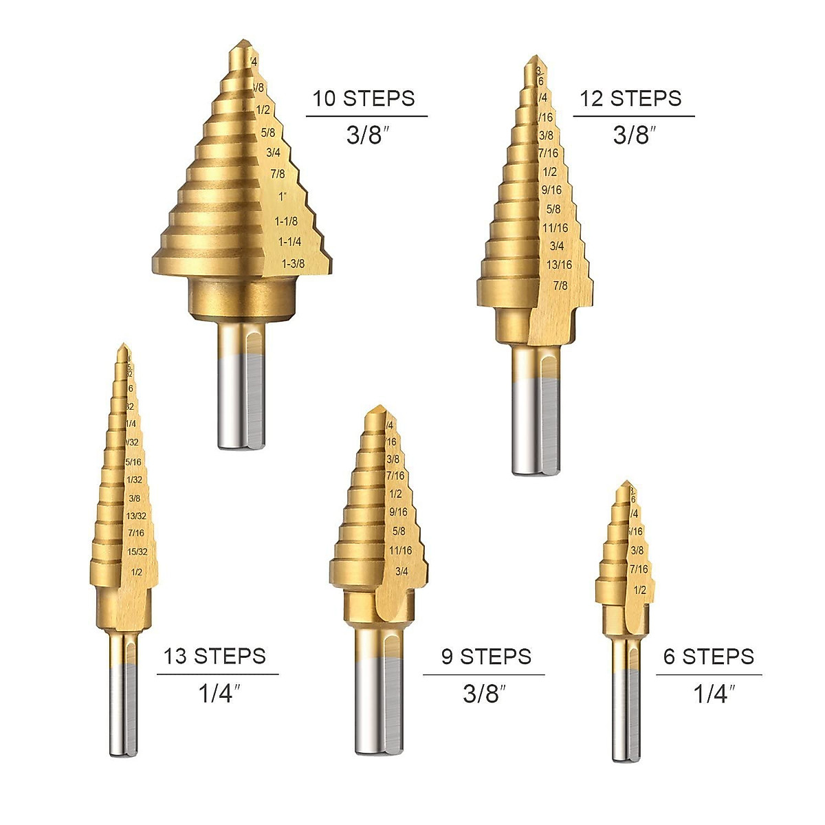 6pcs High Speed Steel Titanium Plated Step Drill Set Plus Center Positioner with Aluminum Storage Index Box Can be Used for Sheet Metal Wood (6pcs Titanium Step Drill bits)…