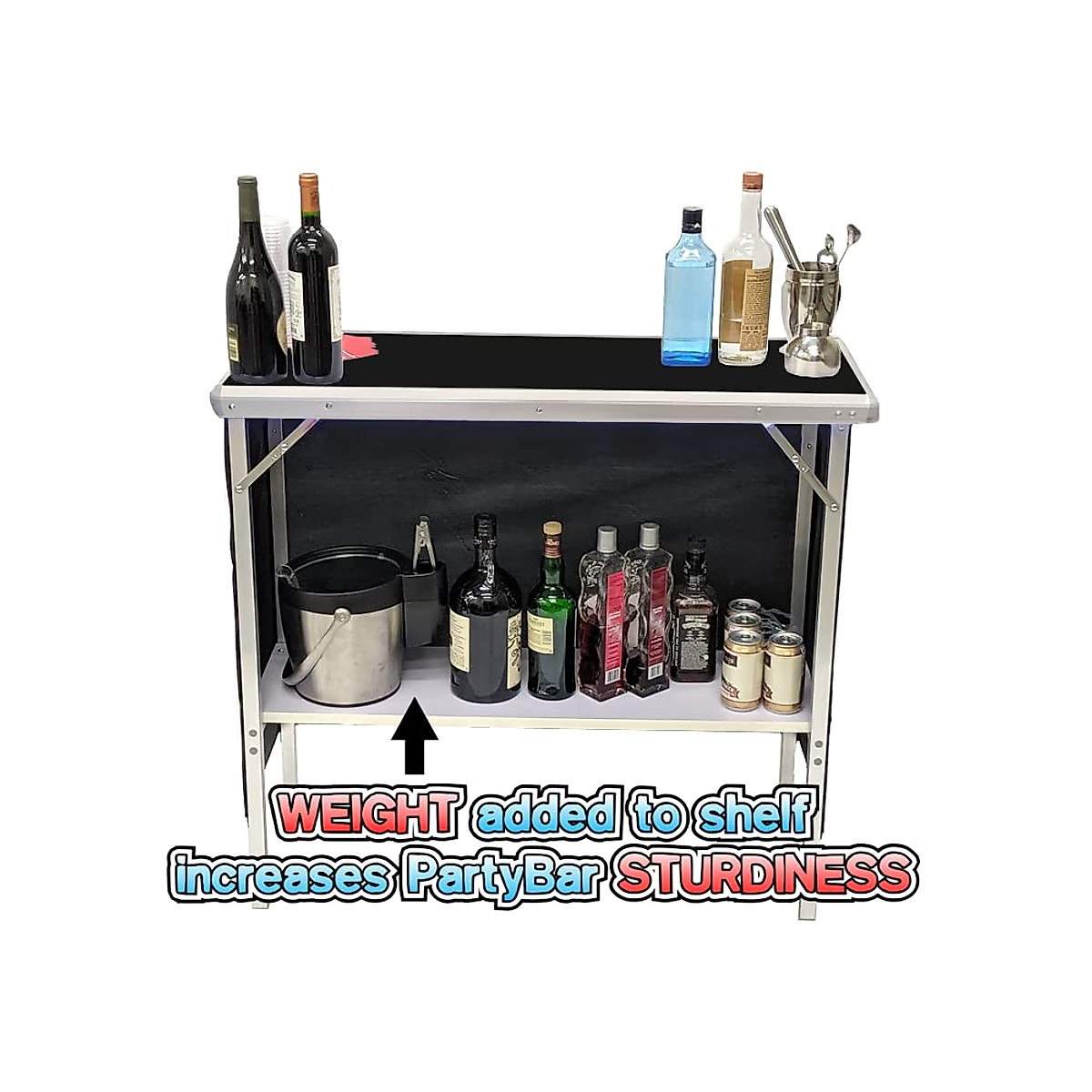 PARTYPONG Black Folding Portable Party Bar with Black Skirt, Storage Shelf, and Carrying Bag - Single Set