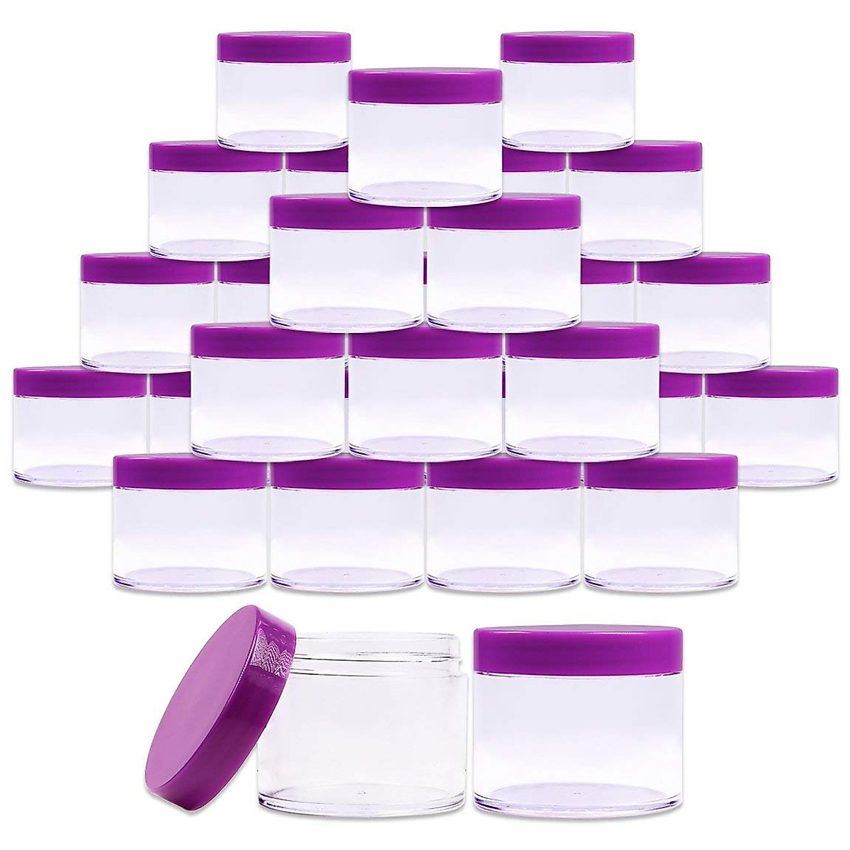 Beauticom 60 Grams/60 ML (2 Oz) Round Clear Leak Proof Plastic Container Jars with PURPLE Lids for Storage Cosmetic Lotion Scrubs Creams Ointments (36 Pieces Jars + Purple Lids, PURPLE)