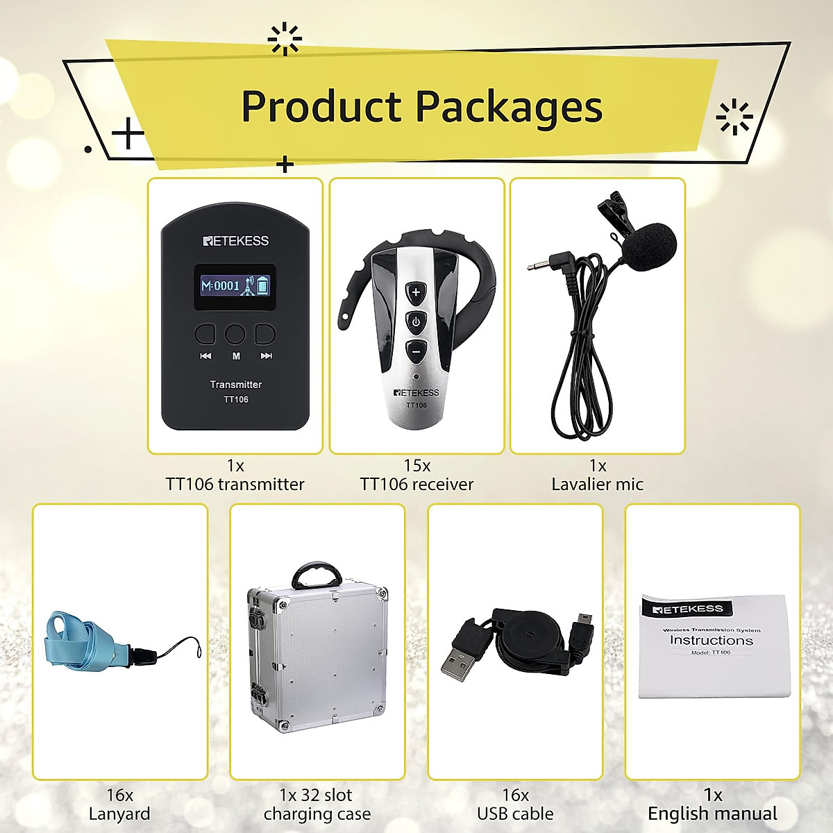 Retekess TT106 Church Translation System, Portable Wireless Tour Guide System, Easy to Clean, Clear Sound Quality, Interpretation System for Churches,Factory (Case of 1 Transmitter and 15 Receivers)