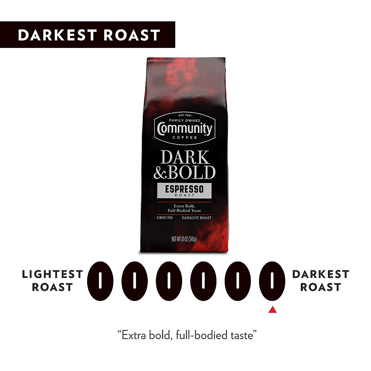 Community Coffee Dark & Bold Espresso Roast, Extra Dark Roast Ground Coffee, 12 Ounce Bag (Pack of 1)