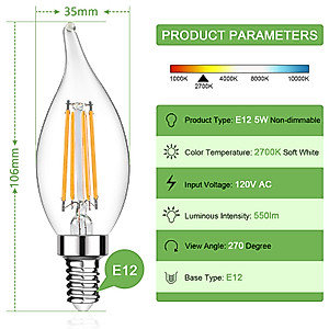 LANGREE E12 LED Candelabra Base Bulbs 5W Equivalent, 550lm, 2700K Soft White, CRI 80+, No Flickering, Long Lifespan, Dimmable, 10 Count