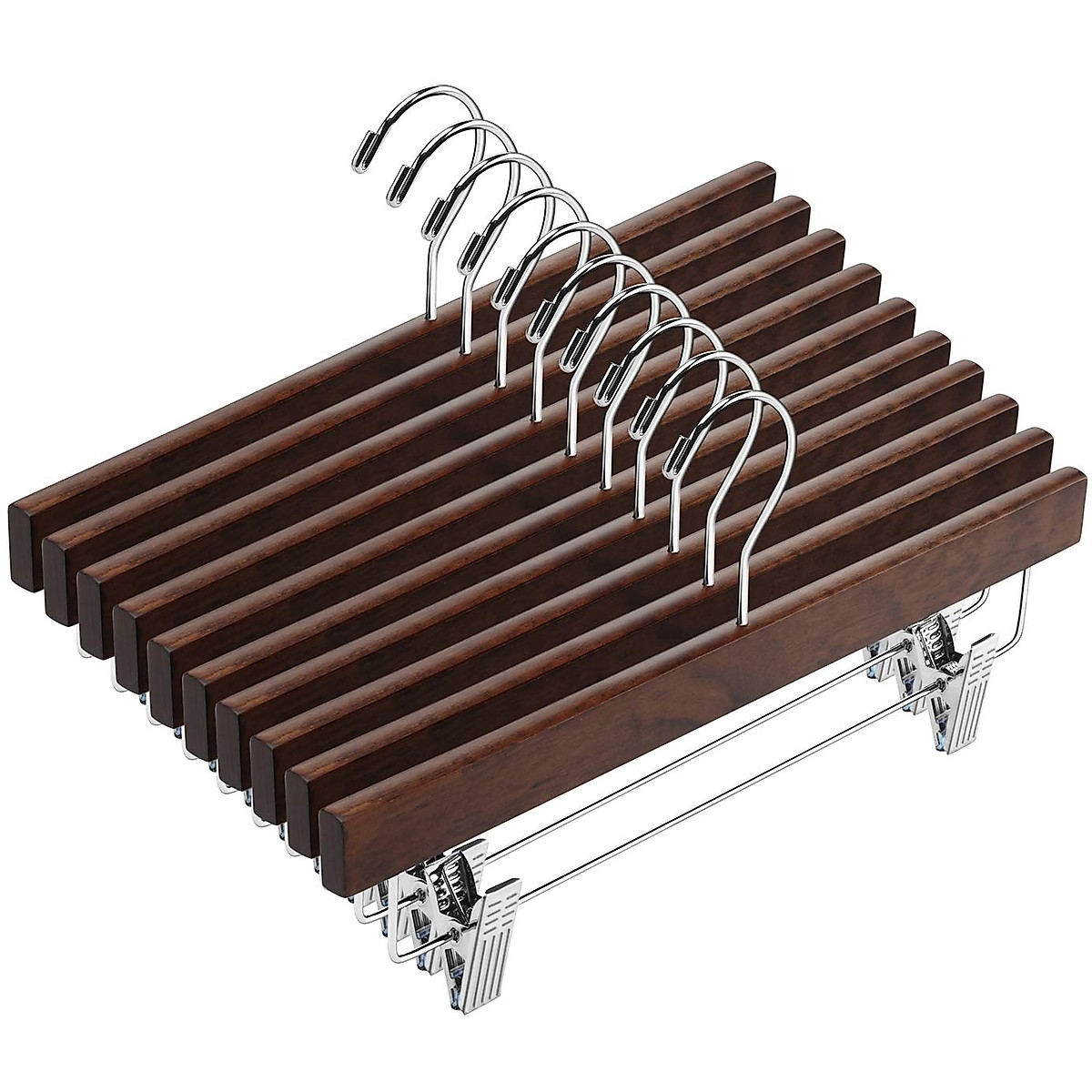 AMKUFO 20pcs Wooden Pants Hangers Solid Pants Hangers with Adjustable Clips 14 Inch Walnut Wood Skirt Hangers Trousers Bottom Hangers with Non-Slip Clips and 360° Swivel Hook