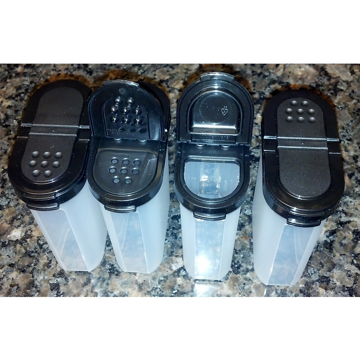 Tupperware Large Spice Shaker Set of Four. Black Seals