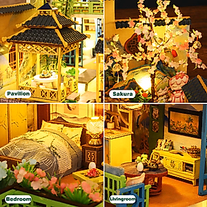 Yuzhen DIY Miniature Dollhouse with Furniture and LED Lights, Japanese Style Wooden Mini-House Includes Dustcover and Music Movement, Collectibles for Hobbies