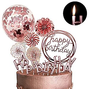 MOVINPE Rose Gold Cake Topper Decoration with Happy Birthday Candles Happy Birthday Banner Confetti Balloon Paper Fans For Rose Gold Theme Party Decor Girl Women Birthday Party