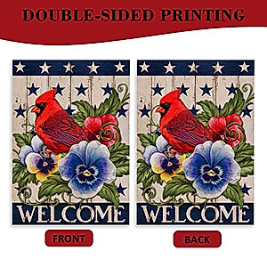 Covido Home Decorative Welcome July 4th of July Cardinal Patriotic America Garden Flag, American USA Memorial Day Yard Red Bird Pansy Flower Outside Decor, Summer Outdoor Small Decoration 12x18