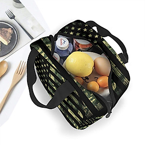 American Flag With Green Camo Lunch Bag Insulated Water-Resistant Tote Bag Reusable Lunch Box For Picnic Travel