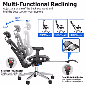 Ergonomic Office Chair Ergo3D Rolling Desk Chair with 3D Adjustable Armrest,High Back Desk Computer Chair Mesh Computer Executive Swivel Grey