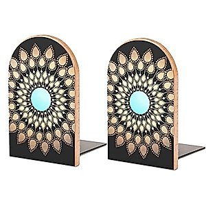2 Pack Wood Bookends,Elegant Lotus Flower Mandala Decorative Book Ends Support for Shelves Desktop Organizer Wooden Bookshelf for Home School Office