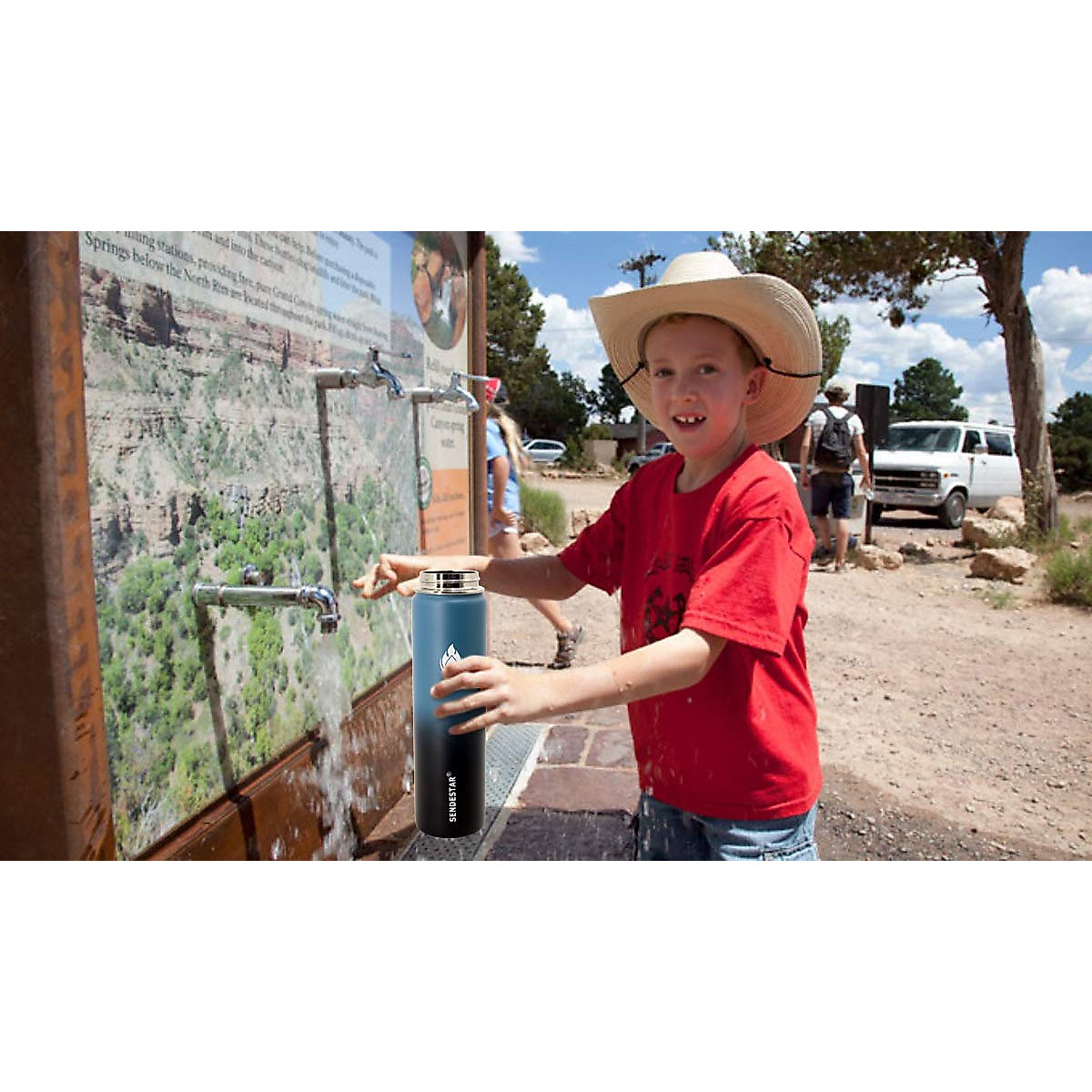 SENDESTAR Water Bottle 24oz Double Wall Vacuum Insulated Leak Proof Stainless Steel Sports Water Bottle—Wide Mouth with New Flex Straw Lid & Spout Lid (Deep Blue&Black)