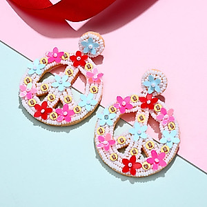 Beaded Dangle Earrings for Women Dangling Flower Hoop Earrings Peace Sign Drop Earrings Statement Handmade Boho Fashion Spring Summer Earring Studs Jewelry Gifts