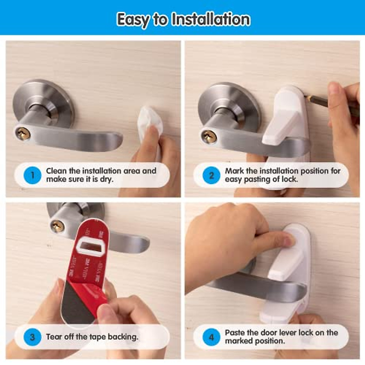 RENAISSANT 2 Pack - Childproof Door Lever Lock, Prevents Toddlers from Opening Doors, Easy One Hand Operation Door Locks for Kids Safety, ABS with Damage-Free 3M Adhesive Child Safety Door Handle Lock