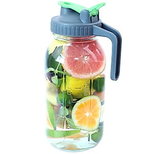 Glass Mason Jar Pitcher 64 Oz (2 Quart) Wide Mouth Jar Pitcher With Pour Spout Water Carafe Half Gallon Jug For Cold Brew Coffee Sun Tea Breast Milk Fridge Drinking Lemonade Airtight & Leakproof