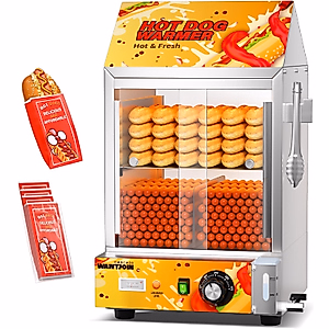 WantJoin Hot Dog Steamer, Adjustable Temperature 2-Tier Electric Hot Dog Steamer with Bun Warmer, 24.52 QT, Visible Glass Sliding Door and Water Level Line, Suitable for Steaming 175 Hot Dogs &40 Buns