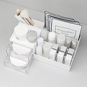 ICCGBHGO Cosmetic Organizer, Makeup Skincare Small Vanity Desk Accessories Dresser Countertop Beauty Organizer Holder Storage Case Display Box with Drawer for Bathroom Office Supplies White.
