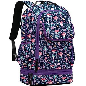 Leaper Water-resistant Cute Mermaid Laptop Backpack Double Deck Lunch Bag Satchel Purple