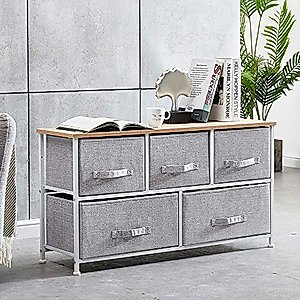 4HOMART Drawer Dresser Closet with 5 Easy Pull Fabric Drawers Organizer Unit Storage with Sturdy Steel Frame Wood Top for Bedroom Hallway Entryway Use