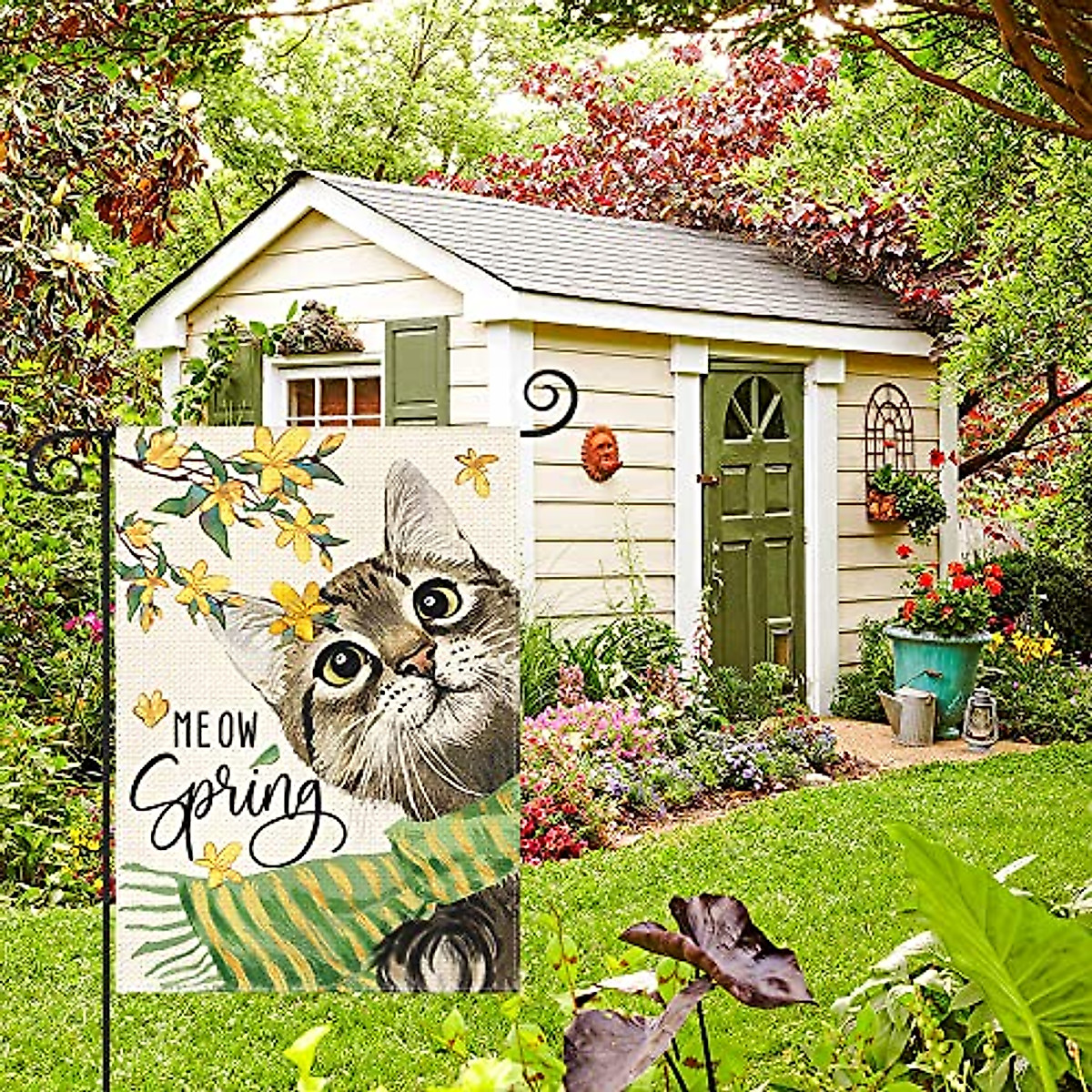AVOIN colorlife Meow Spring Cat Garden Flag 12x18 Inch Double Sided Outside, Floral Seasonal Yard Outdoor Flag