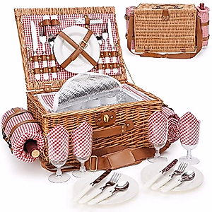 Picnic Basket for 4, Insulated Willow Picnic Baskets with Shoulder Strap, Picnic Hamper with Waterproof Picnic Blanket, Handmade Wicker Hamper for Outdoor, Great Gifts for Thanksgiving, Christmas