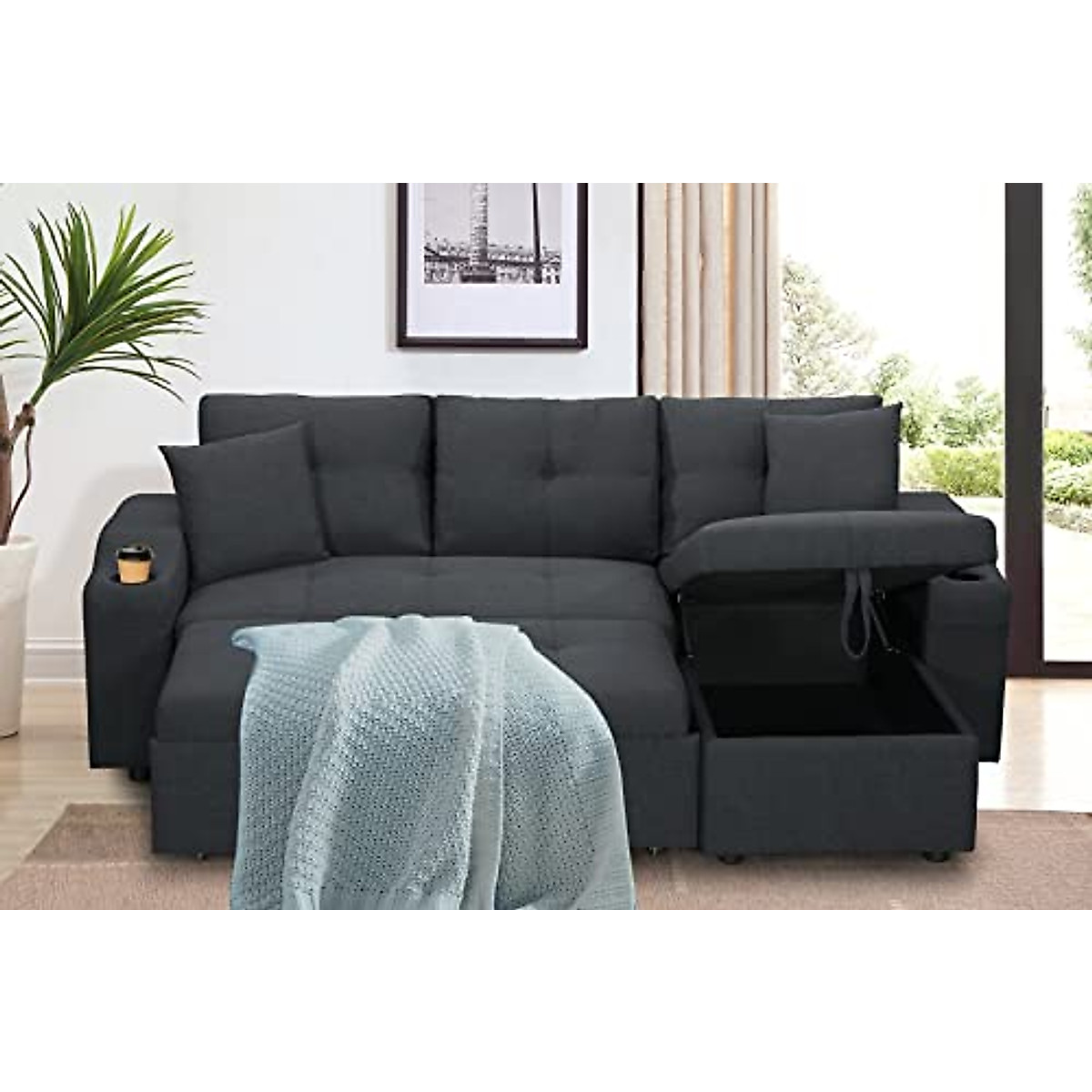 kupet Reversible Sectional Sofa with Pull-Out Bed and Storage Chaise, Convertible Velvet L Shaped Couches w/2 Cup-Holders and Two Side Pockets, for Living Room Apartment, Dark Gray